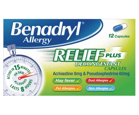Benadryl Allergy Relief Plus Decongestant Capsules – Omega Pharmacy